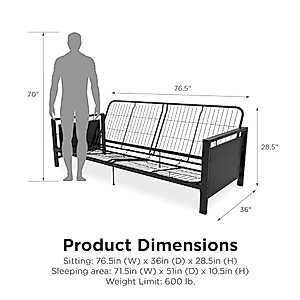 DHP Henley Metal Arm Futon Frame, Industrial Loft Design, Converts to Sleeper, Black Sturdy Metal