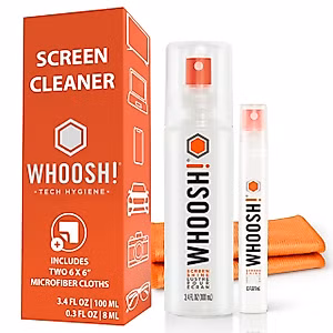 WHOOSH! Laptop Screen Cleaner Spray and Wipe - 3.4 + 0.3 fl oz + 2 Microfiber Cloths - Duo with Large & Travel Size Bottles for Eyeglass Cleaner, Car Screen & Phone Cleaner - iPhone Cleaning Kit