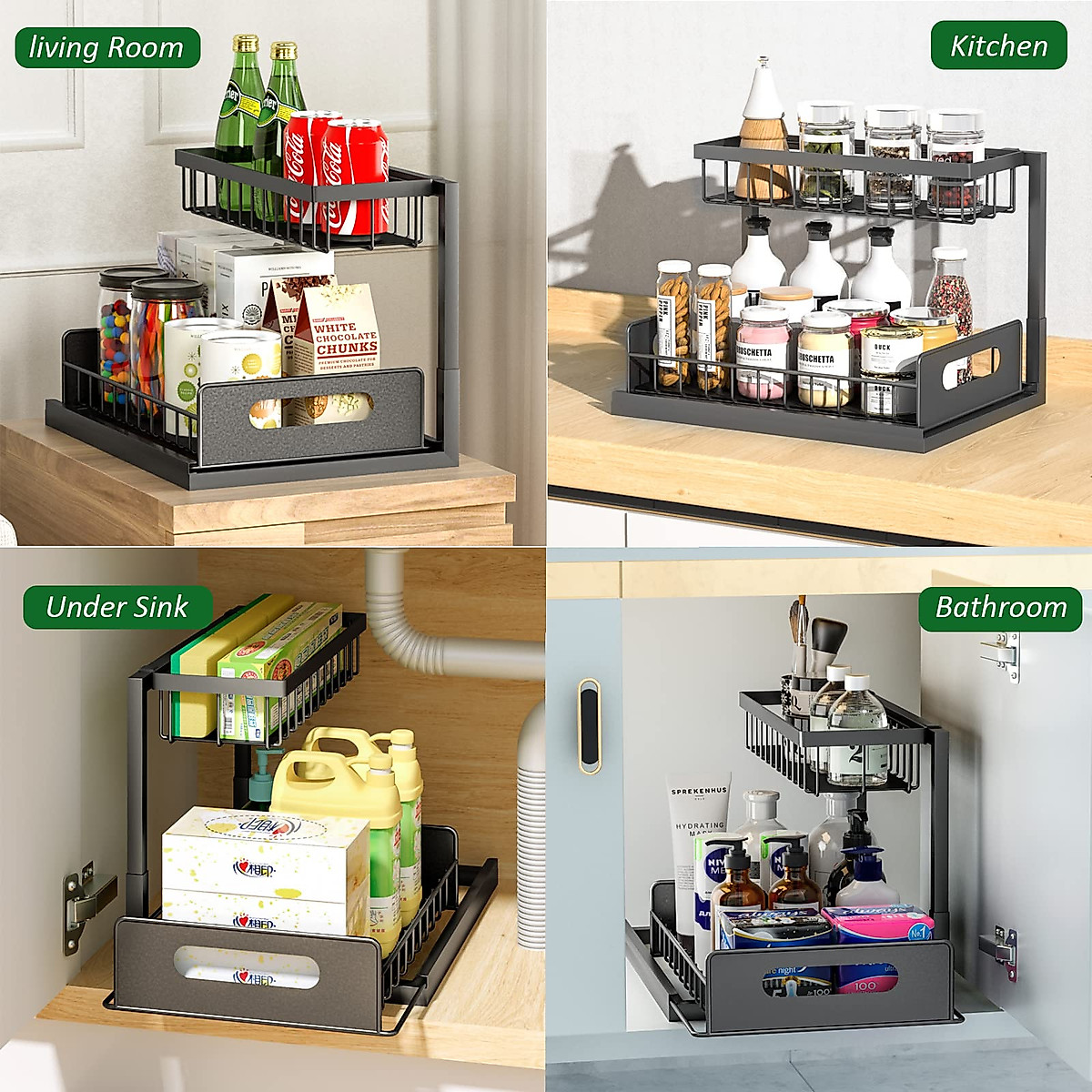 Under Sink Organizer and Storage 2 Tier Sliding Cabinet Basket Drawer Shelf Under Cabinet Storage for Bathroom Living Room