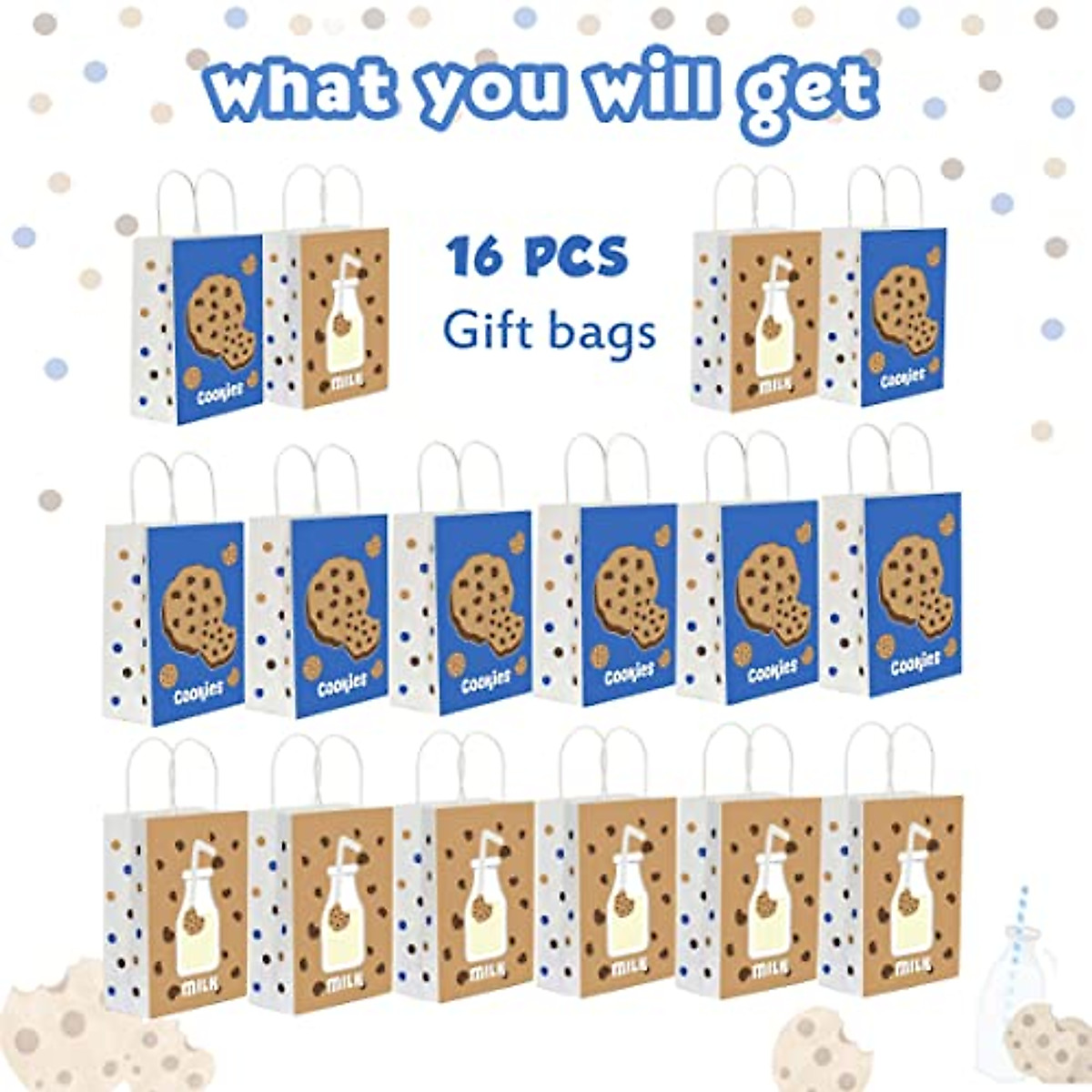 Lsaepon Cookies Milk Birthday Party Favor Gift Bags, Cookie and Monster Theme Birthday Party Goodie Bags- Milk and Cookies Baby Shower Candy Bags for Kids (16 Pack)