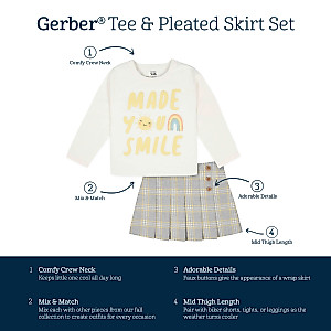 Gerber Baby Girls Toddler 2-Piece Long-Sleeve Tee & Pleated Skirt Set, Smile Plaid, 18 Months