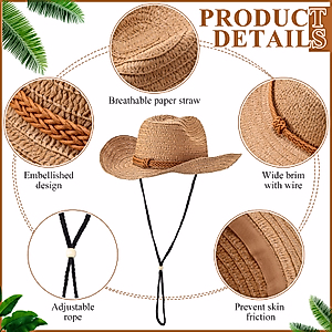 12 Pcs Straw Cowboy Hats for Women Men, Wide Brim Summer Hat Bulk Panama Sun Protection Hats for Western Themed Party Travel Decorations Brown