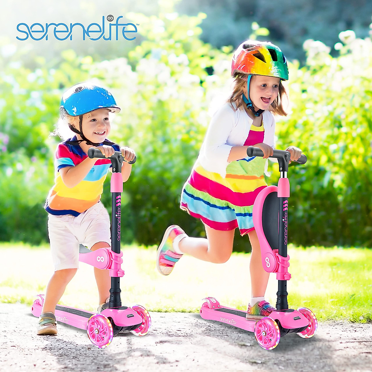 SereneLife 3 Wheeled Scooter for Kids - 2-in-1 Sit/Stand Child Toddlers Toy Kick Scooters w/ Flip-Out Seat, Adjustable Height, Wide Deck, Flashing Wheel Lights, Great for Outdoor Fun -SLKS26 (Pink)