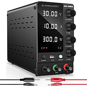 NICE-POWER Adjustable DC Power Supply: 30V 10A Variable Switching Regulated High Precision 4-Digits LCD Display 5V/2A USB Port Output & Input Power Cord Bench Lab Power Supplies