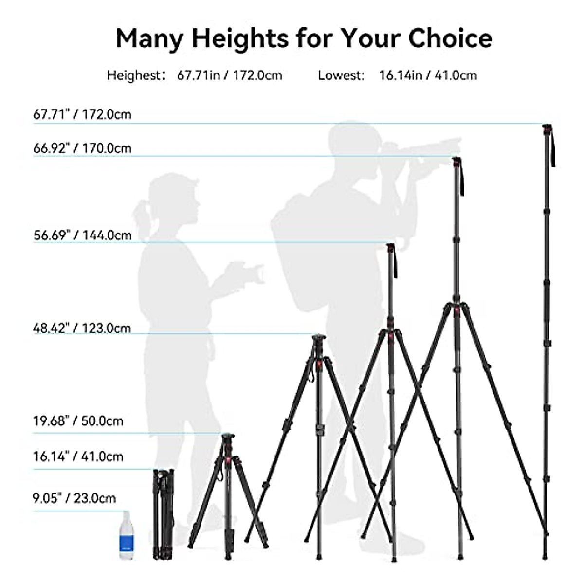 SmallRig 68" Camera Tripod, Foldable Aluminum Tripod & Monopod, Compatible with 1/4"-20 and 3/8"-16 Video Head, Payload 33lb, Adjustable Height from 19.7" to 67.7" for Camera, Phone - 3983