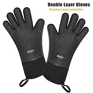 Auzilar Silicone Cooking Gloves, Grilling Gloves, Heat Resistant Gloves BBQ Kitchen Silicone Oven Mitts, Long Waterproof Non-Slip Potholder for Barbecue, Cooking, Baking