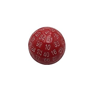 Single 100 Sided Polyhedral Dice (D100), Solid Red Color with White Numbering, 45 Millimeters by SkullSplitter Dice