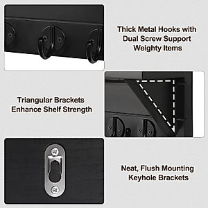 Lwenki Wall Key Holder with Shelf, Rustic Shelf with Hooks Made of Paulownia Wood Holds Keys, Dog Leash, Bags and More - 13.7" W x 4.7" H x 3.5" D Decorative Key Hanger and Entryway Shelf (Black)