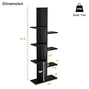 Tangkula 8 Shelf Bookshelf, Wooden Tree Bookcase with 8 Book Shelf, 20 x 8 x 55.5 Inch, Freestanding 8 Tier Storage Display Shelf with Anti-toppling, Corner Shelf for Living Room Home Office (Black)