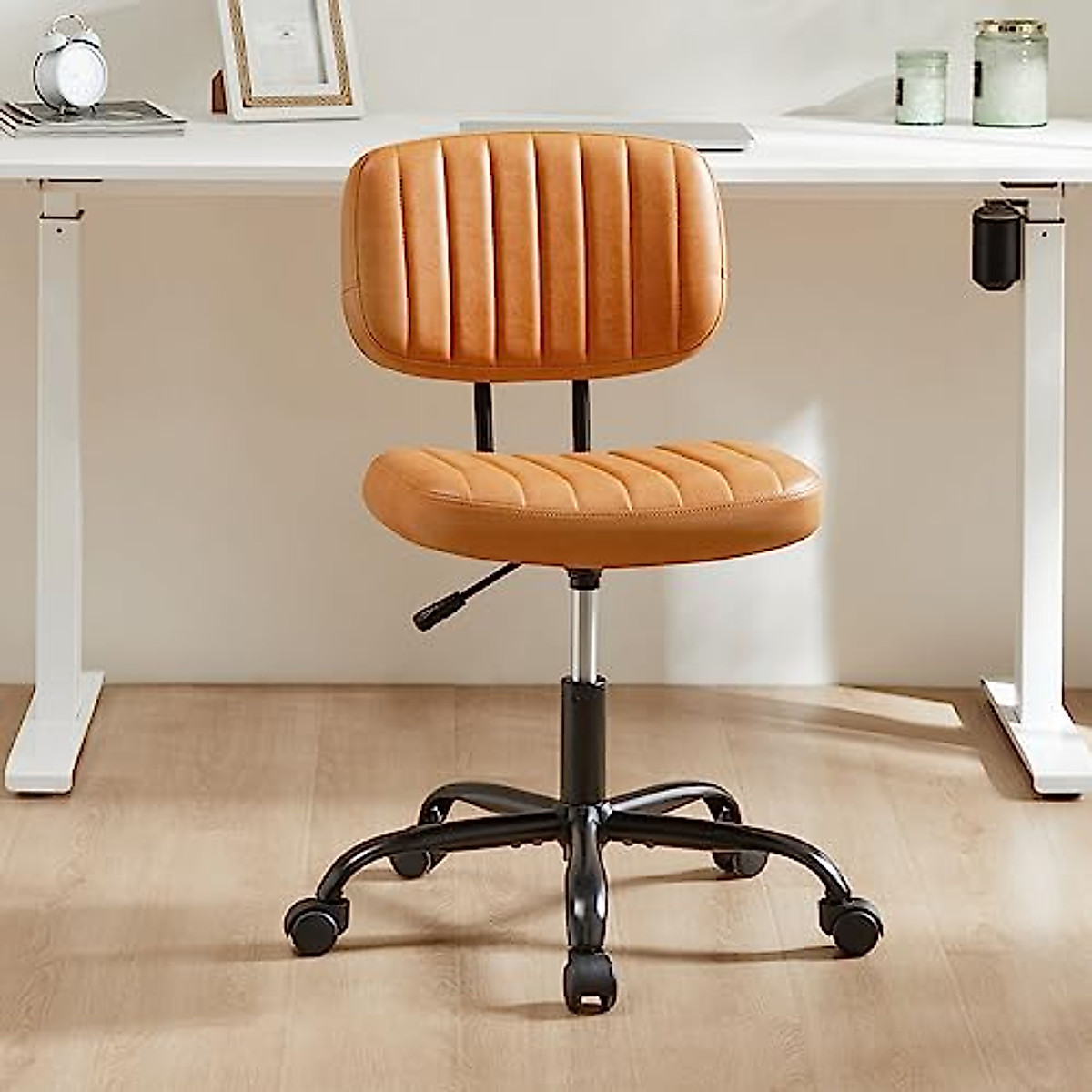OLIXIS Armless Home Office Desk Chair with PU Leather Low Back Lumbar Support and Wheels, Height Adjustable No Arms for Bedroom, Study Small Space, Brown