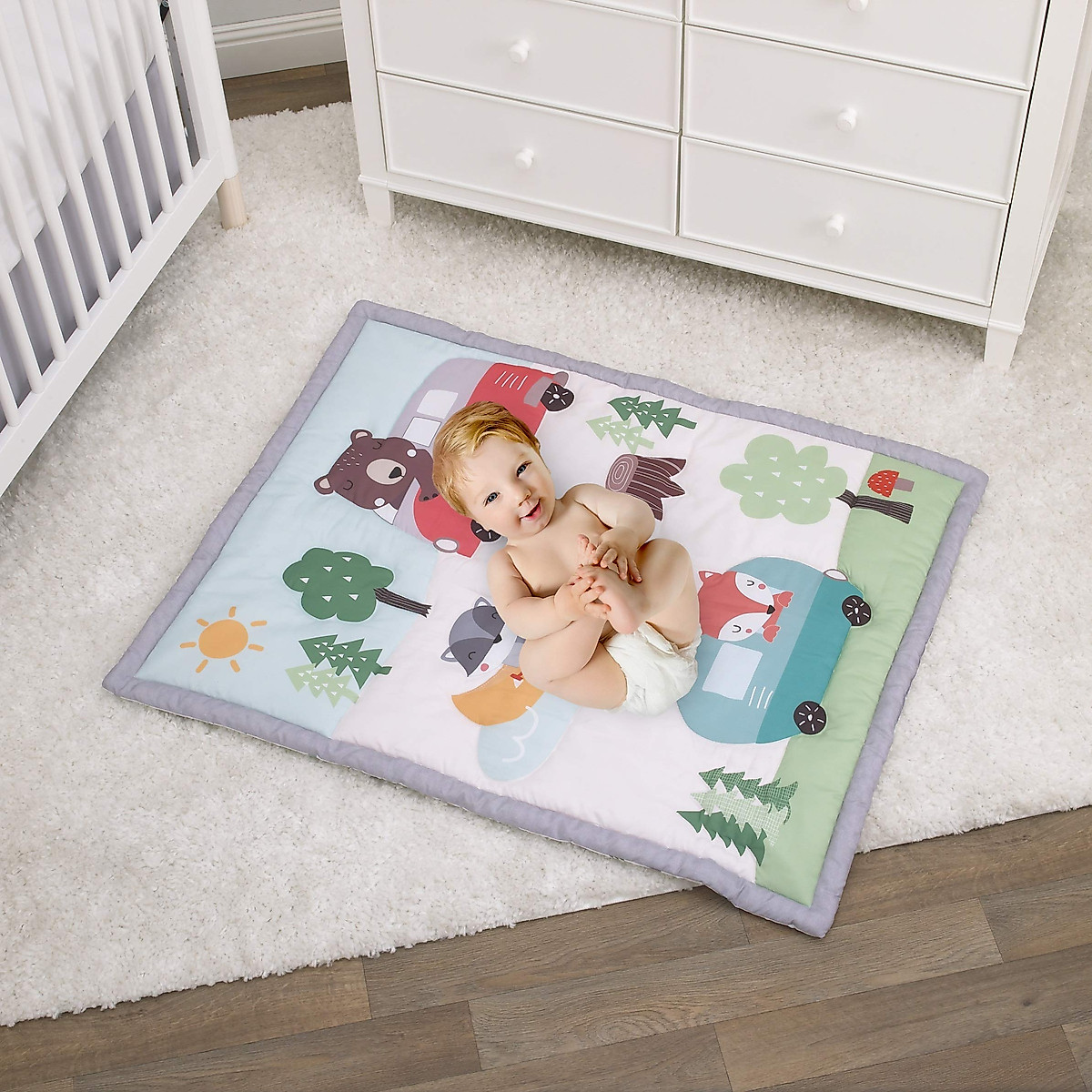 NoJo 3 Piece Mini Crib Bedding Set, Retro Happy Camper, Green/Aqua/Orange/Grey , 24x38x5 Inch (Pack of 1)