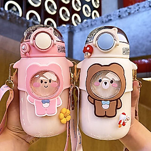 excvalues Kawaii Water Bottle with Straw and Strap, Cute Water Bottles with 3D Stickers, Large Capacity Leak-Proof Bottles for Girls School (White)