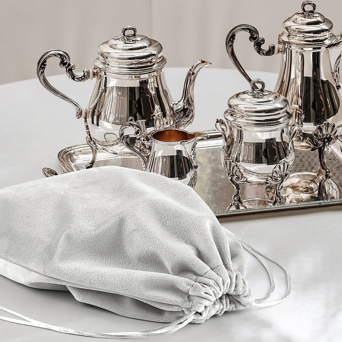 Kochorie 6 Pack Silver Storage Bags Anti Tarnish Storage Bag Fabric Cloth Bags with Diverse Sizes for Jewelry Silverware Protection Flatware Plate Tarnish, Grey