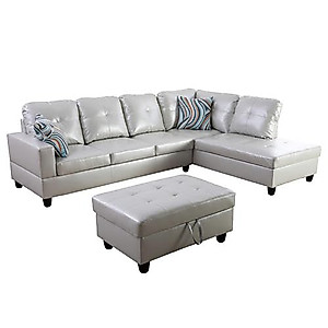 HOMVET Couch Furniture, Sectional Set L Shape Sofa Storage Ottoman for Living Room/Apartment/Office,Right Chaise, Powder Color