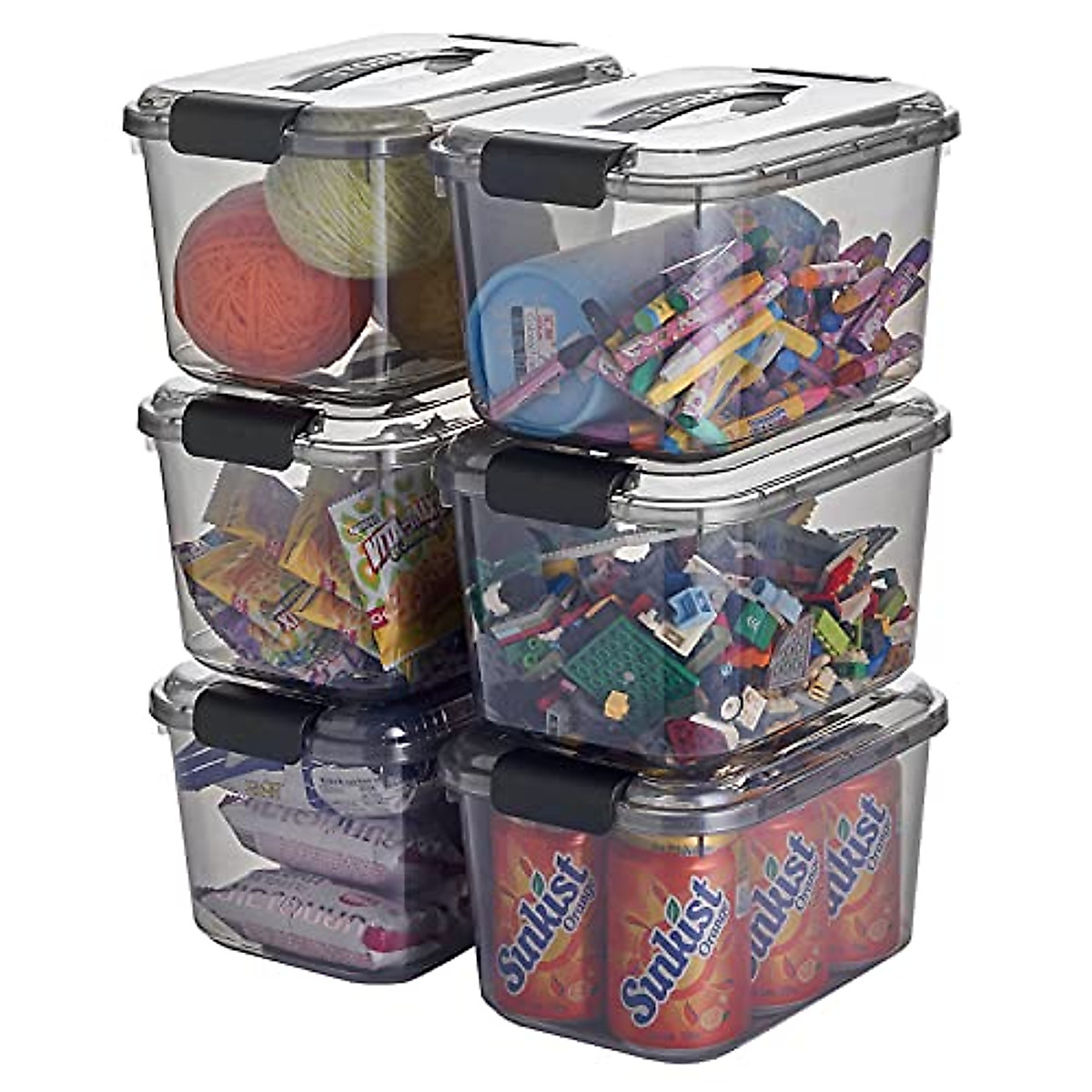 JUJIAJIA 5.5 Quart Black Clear Storage Latch Bins with Lids/Handle, 6-Pack Plastic Lidded Home Storage Organizing Latch Box