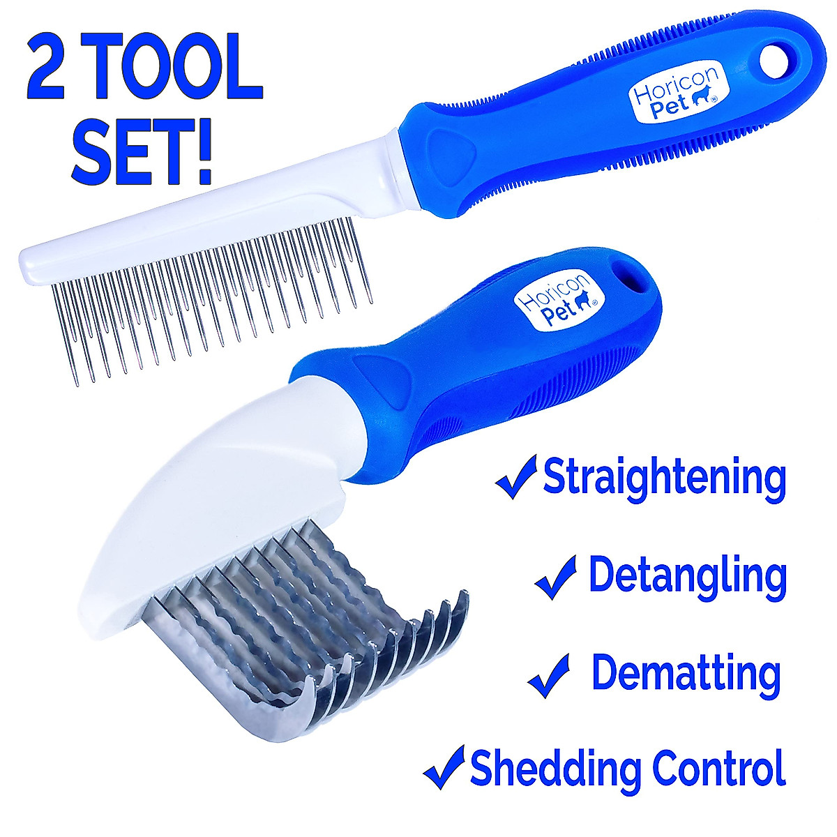 Horicon Pet 2 In 1 Dematting Razor Comb and 37 Pin Detangling Pet Comb Set - Removes Knots, Matted Fur, & Tangles Gently For Dogs & Cats