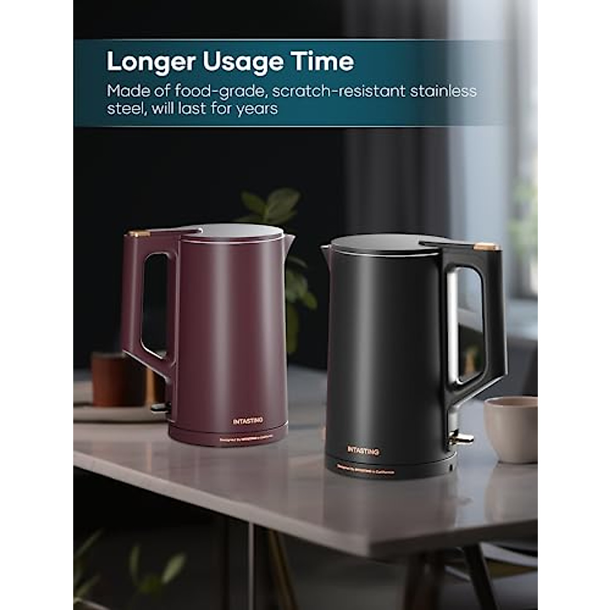 INTASTING Electric Kettle for boiling water Double Wall 100% Stainless Steel Inner 1500W Fast Heating 1.5L Hot Water Boiler Auto Shut-Off & Boil Dry Protection BPA-Free Electric Tea Kettle Red