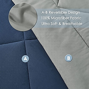 Queen Comforter Set 7 Pieces Bed in a Bag, Full/Queen Reversible Bed Set with Comforter, Flat Sheet, Fitted Sheet, Pillowcases & Shams, Navy Blue and Grey Bedding Sets for Queen Size Bed