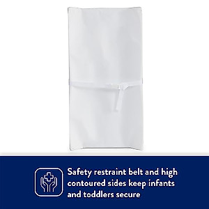 Kolcraft Waterproof Contoured Baby Diaper Changing Pad for Dresser or Changing Table, Easy Clean, Soybean Enhanced Foam, Safety Restraint Belt and Anchoring Straps, Made in USA - White, 17" x 33"