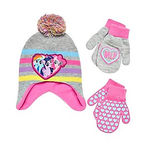 Hasbro My Little Pony Girls Winter Hat and 2 Pair Gloves or Mittens (Toddler/Little Girls), Size Age 2-4, Grey, Pink Design - Age 2-4 - Mittens Set