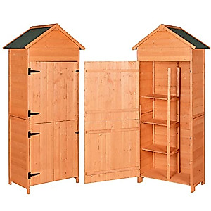 AONEAR Outdoor Wooden Tool Shed, Garden Storage Shed Storage Cabinet with Pitched Roof, 3 Shelves and Locking Latch for Home, Backyard, Porch, Patio