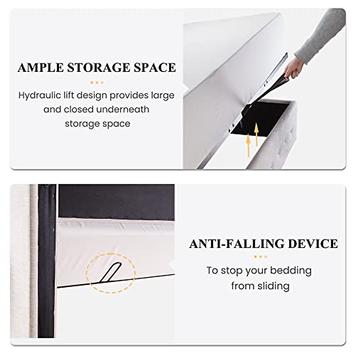 SHA CERLIN King Size Lift Up Storage Bed/Button Tufted Wingback Headboard/Hydraulic Storage/Upholstered Platform Bed Frame/No Box Spring Needed/Wood Slats Support/Light Beige