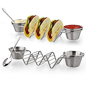 Upgrade Taco Shell Stand Up Holders- 2 Pack Premium Stainless Steel Taco Tray with 4 Salad Cups & 2 Spoons,Holds 3 Tacos Each Keeping Shells Upright & Neat