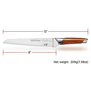 WELLSTAR Bread Knife, 8 Inch Serrated Bread Loaf Slicing Knife with Razor Sharp High Carbon German Stainless Steel Forged Blade and Natural Rosewood Handle in Gift Box, V-Style Series