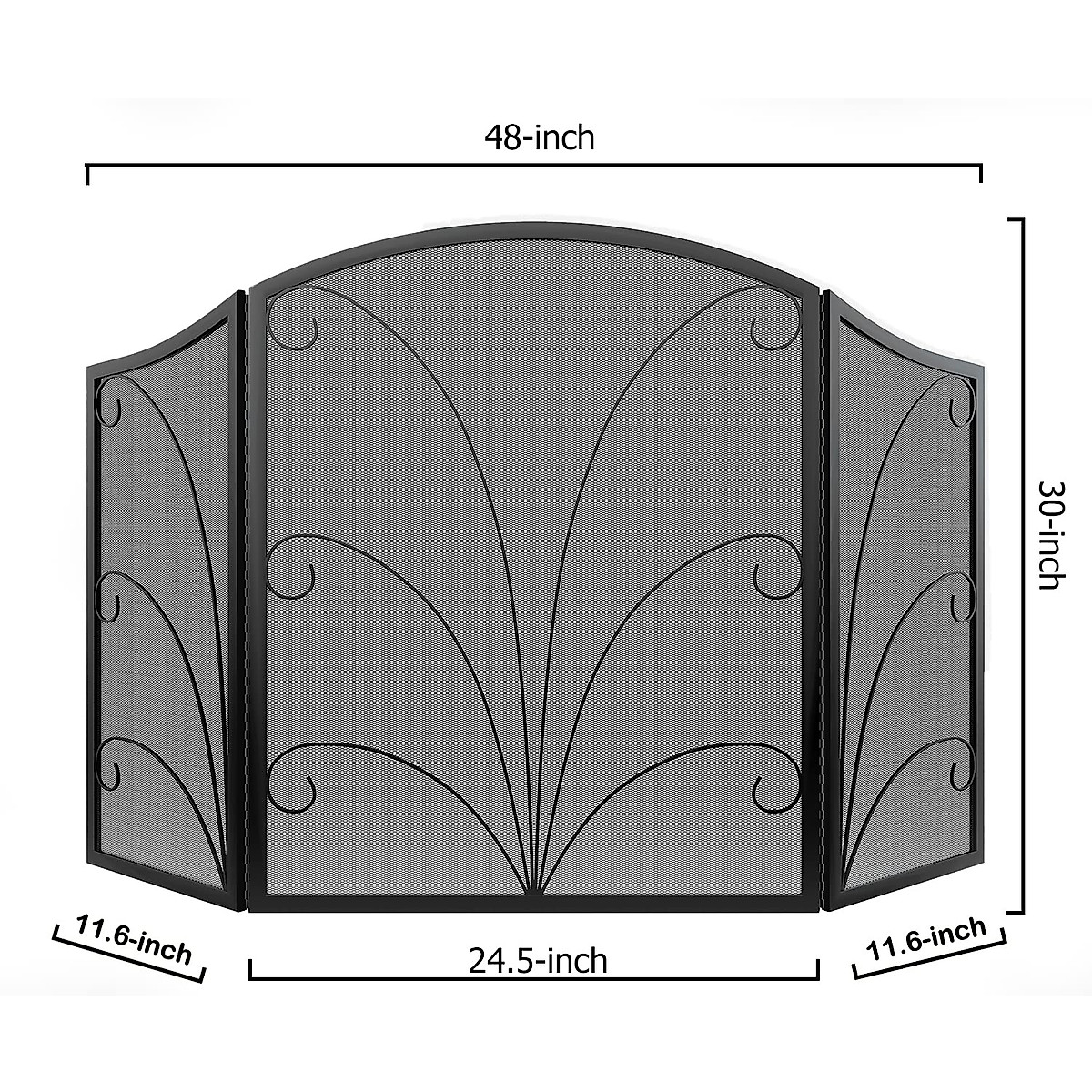 Kingson 3-Panel Arched Fireplace Screen Decorative, Handcrafted Scroll Wrought Iron Fireplace Spark Guard Cover - Black