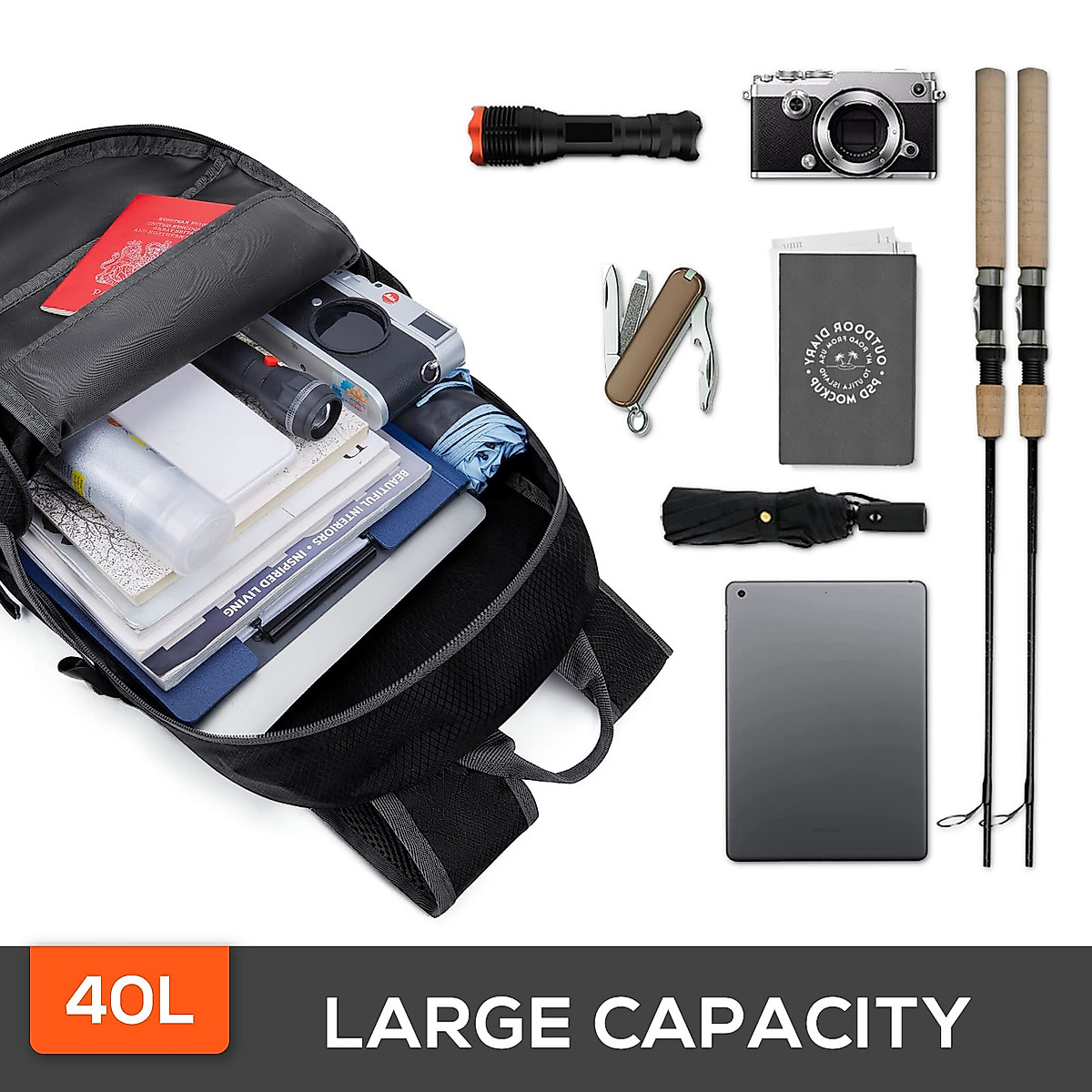 TOURIT Hiking Backpack 40L Lightweight Hiking Daypack Foldable Waterproof Camping Backpack for Women Men Travel Outdoor Black