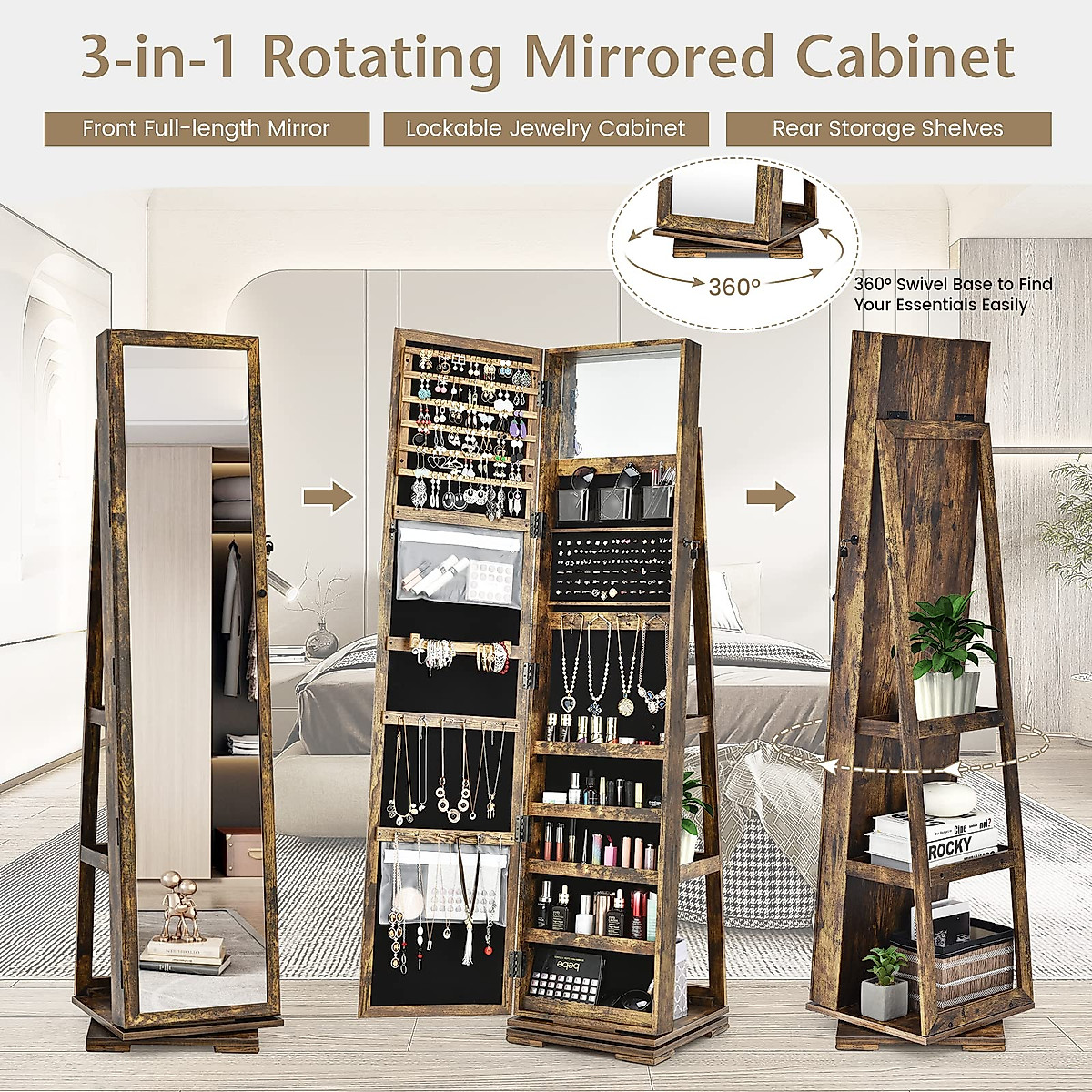 COSTWAY 360 Rotating Jewelry Armoire Cabinet, Standing Jewelry Organizer w/Full-Length Mirror & Large Storage Space, Lockable Mirror Jewelry Cabinet for Girls Women (Rustic Brown)