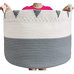 TerriTrophy XXXXLarge Cotton Rope Blanket Basket 22in x 22in x 16in Woven Laundry Hamper Storage Basket for Towel, Toys, Diaper, Laundry Basket
