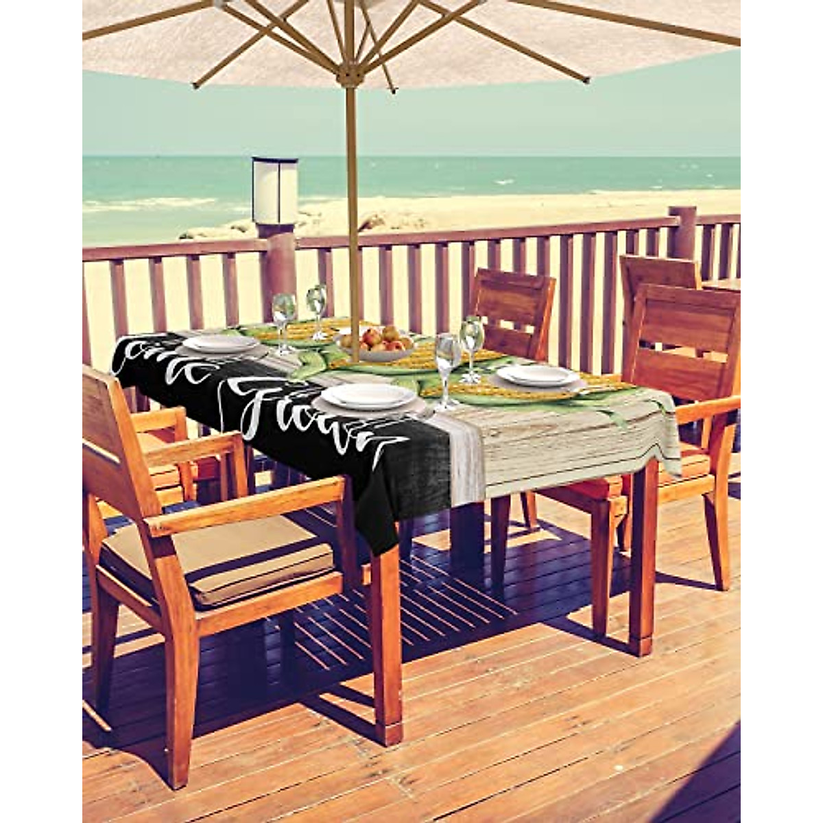 EZON-CH Outdoor Tablecloth with Umbrella Hole Zipper 60"x84", Farm Corn Rustic Wood Grain Rectangle Waterproof Table Cloth Table Covers for Dining, Garden, Courtyard, Patio, Camping, Picnic