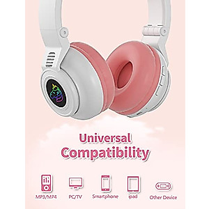 YUSONIC Unicorn Kids Headphones,Unicorn Bluetooth Headphones Foldable for Girls Boys Toddlers Phones/ipad/Amazon fire,Light Up Kids Wireless Headphone Birthday Gifts (White+Pink)