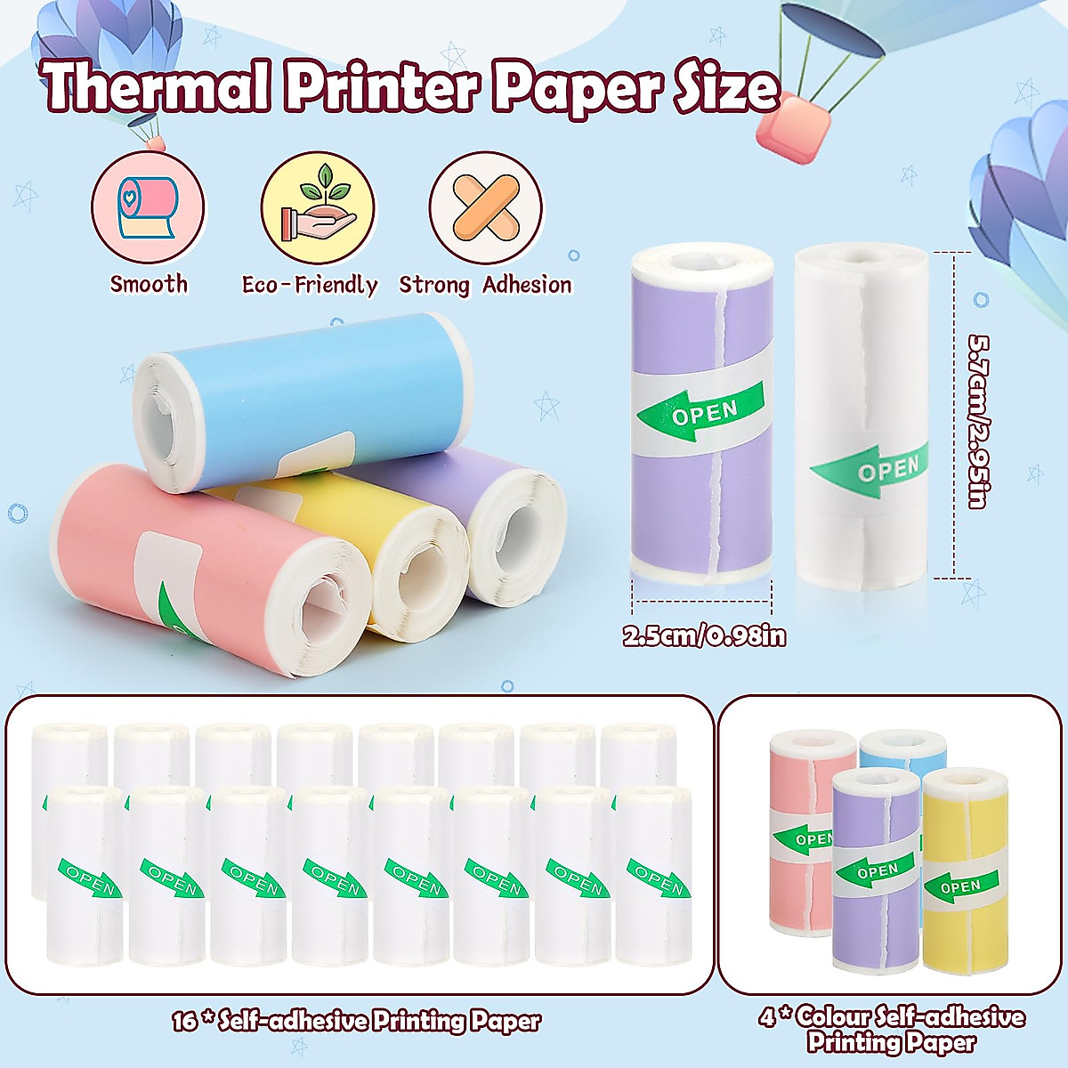 HUIJUTCHEN 20 Rolls Mini Thermal Sticker Printer Paper 57x25mm Inkless Self-Adhesive Paper for M02/T02/X5 Pocket Bluetooth Receipt Printer for Photo,DIY,Note,Memo(16 White+4 Color)
