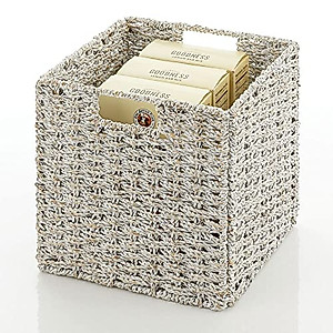 mDesign Seagrass Woven Cube Storage Bin Basket Organizer with Handles for Kitchen Pantry, Cabinet, Cupboard - Shelf and Cubby Organization, Holds Food, Drinks, Snacks, Appliances - 2 Pack - White Wash