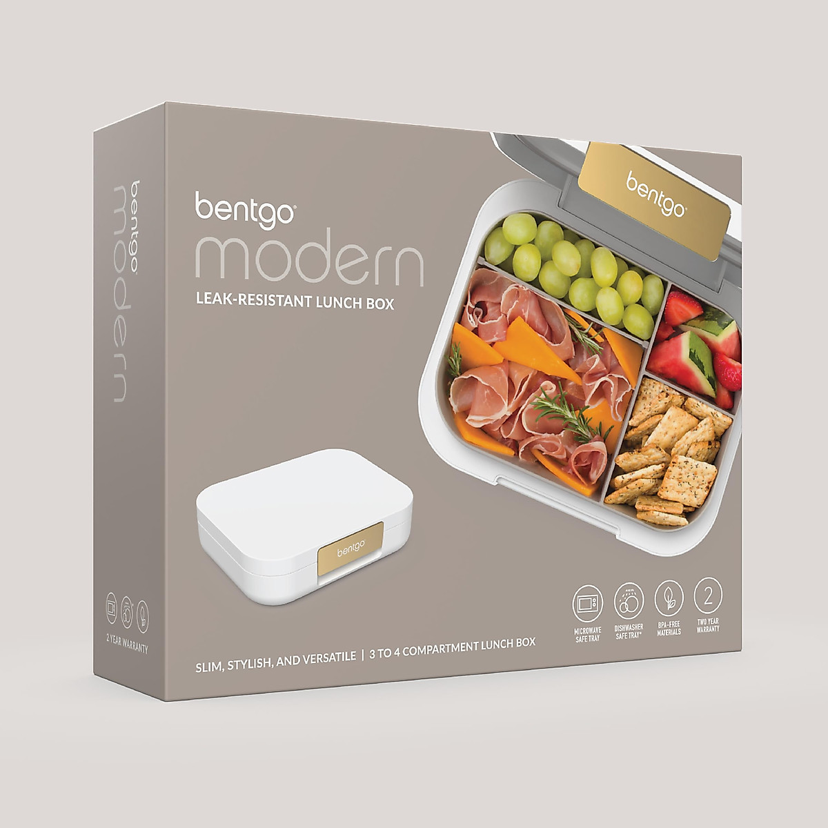 Bentgo® Modern - Leak-Resistant Bento Lunch Box For Adults, Teens, & Larger Appetites; Reusable BPA-Free Meal Prep Container with 3 or 4 Compartments, Dishwasher/Microwave Safe; 44oz (White)