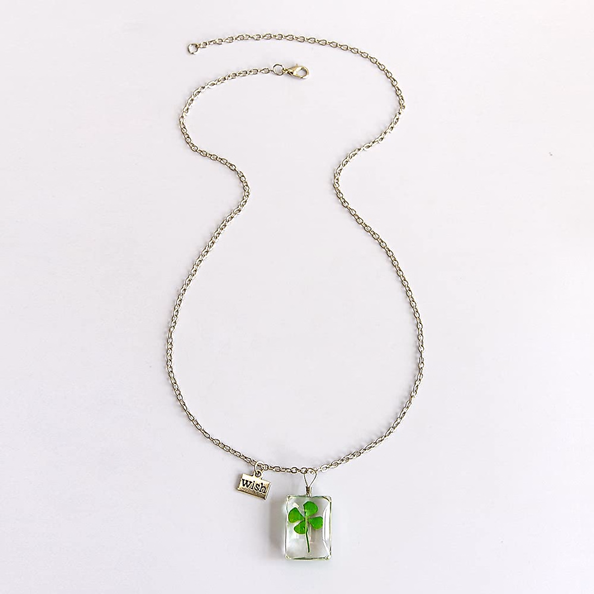 Dried Leaves Lucky 4-Leaf Clover Sunflower Pendant Necklace St. Patrick's Day Square round Glass Love and Luck Plant Jewelry for Women Gift-Clover