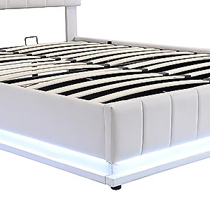 SIYSNKSI Queen Size Upholstered Bed with Hydraulic Storage System and LED Light, PU Leather Upholstered Platform Bed Frame with Adjustable Headboard and USB Ports for Kids Teens Adult Bedroom