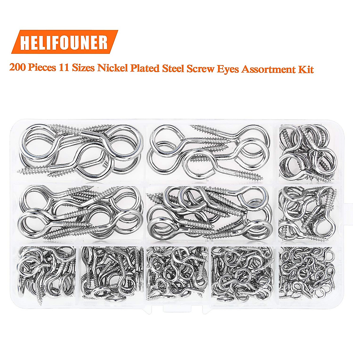 HELIFOUNER 200 Pieces 11 Sizes Nickel Plated Steel Screw Eyes Assortment Kit