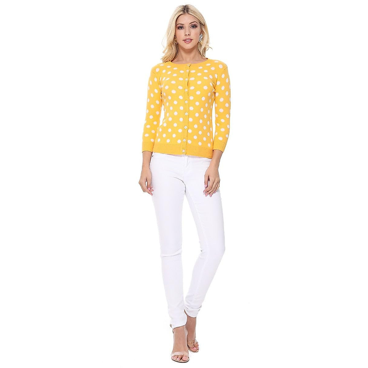 YEMAK Women's Polka Dot Cute Jacquard Crewneck Button Down Sweater Cardigan MK3104-RED-S