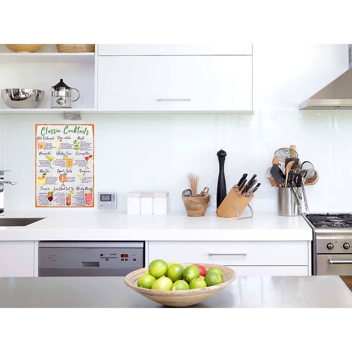 Classic Cocktails Recipes Magnetic Chart A4 format - Kitchen Pub Wall And Fridge Decor Stylish Colourful Informative Magnet Milliliters and Ounces Measurement Units