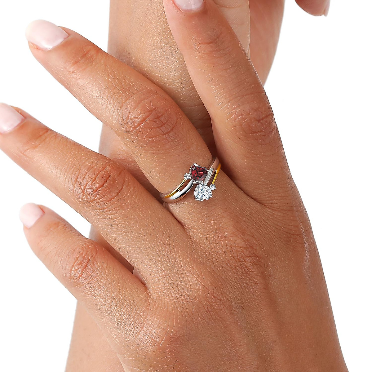 925 Sterling Silver and 10K Yellow Gold Red Garnet and Forever Classic Moissanite from Charles & Colvard 2 Heart Promise Engagement Mother Ring (1.12 Cttw, Available In Size 5, 6, 7, 8, 9)