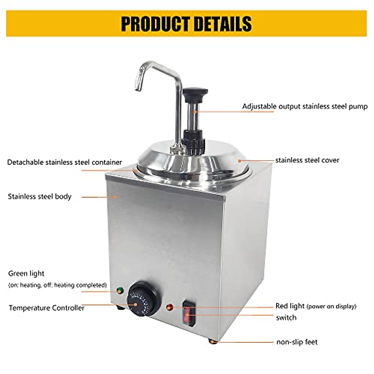 650W Electric Hot Fudge Warmer,Cheese Dispenser with Pump,2.3L Cheese Sauce Warmer Pump Dispenser,Stainless Steel Cheese Pump Dispenser for Fudge Cheese Caramel,30-110℃ (B)