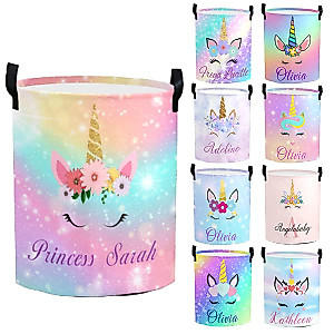 Unicorn Laundry Basket, Personalized Baby Laundry Basket, Custom Rainbow with Handles Foldable Waterproof Storage Basket with Girls Name