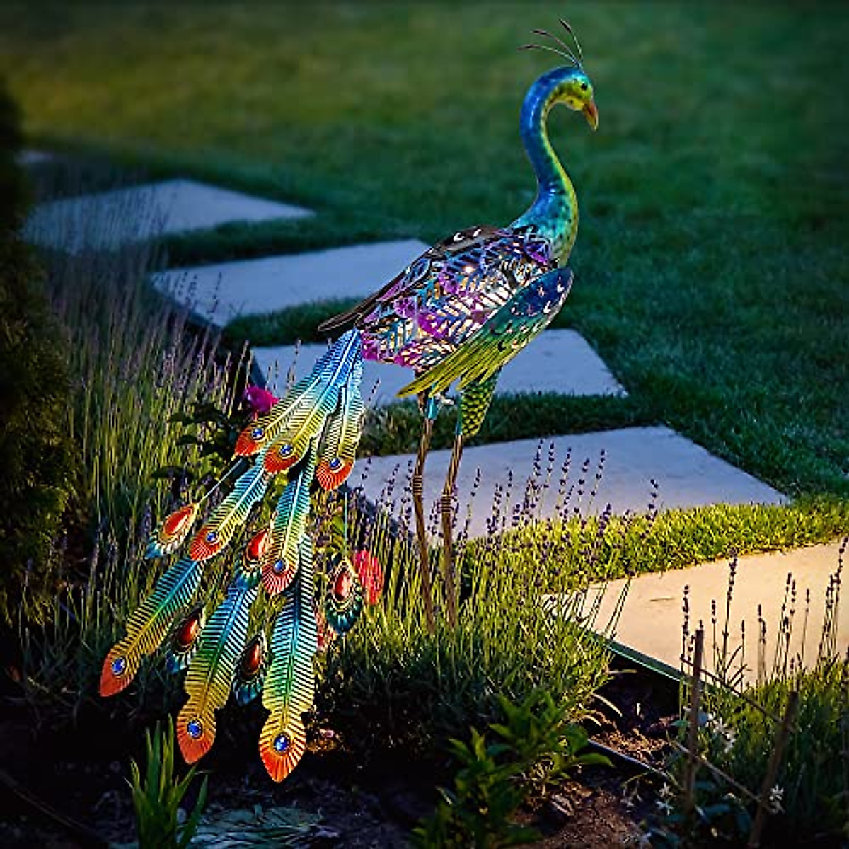 Glintoper Metal Peacocks Solar Garden Decor Outdoor Statues Sculptures with LED Lights, Solar Powered Decorative Yard Art for Landscape Patio Yard Walkway Pathway Lawn, 1 Pack