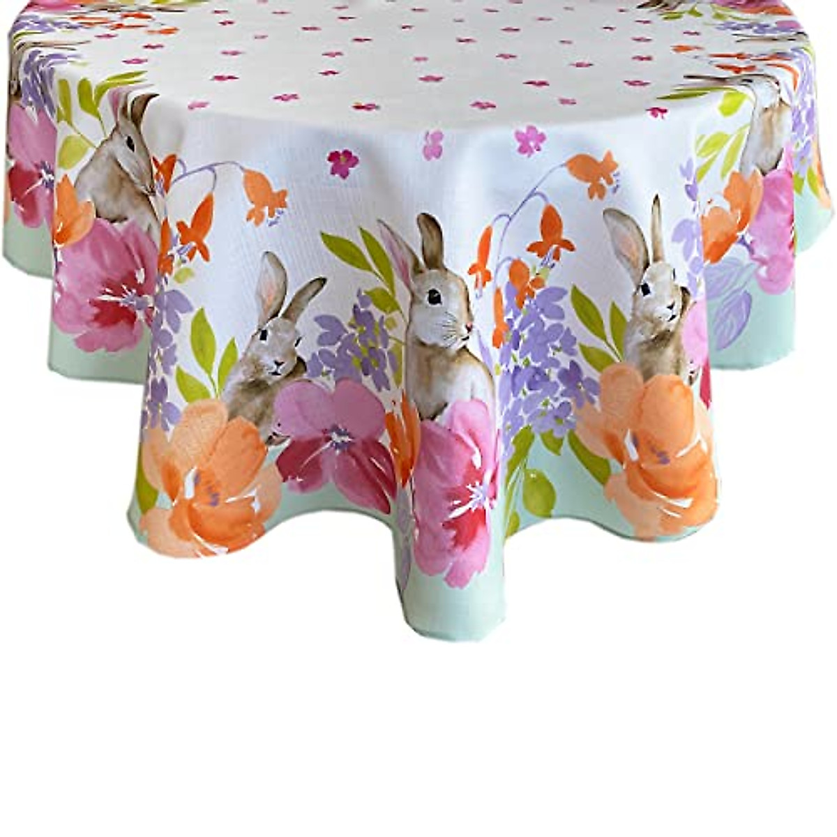 Newbridge Bunny Flower Fields Easter and Spring Fabric Double Bordered Tablecloth - Cute Bunny Rabbit and Vivid Pastel Floral Easy Care, Stain Resistant Fabric Tablecloth, 60” x 84” Oval
