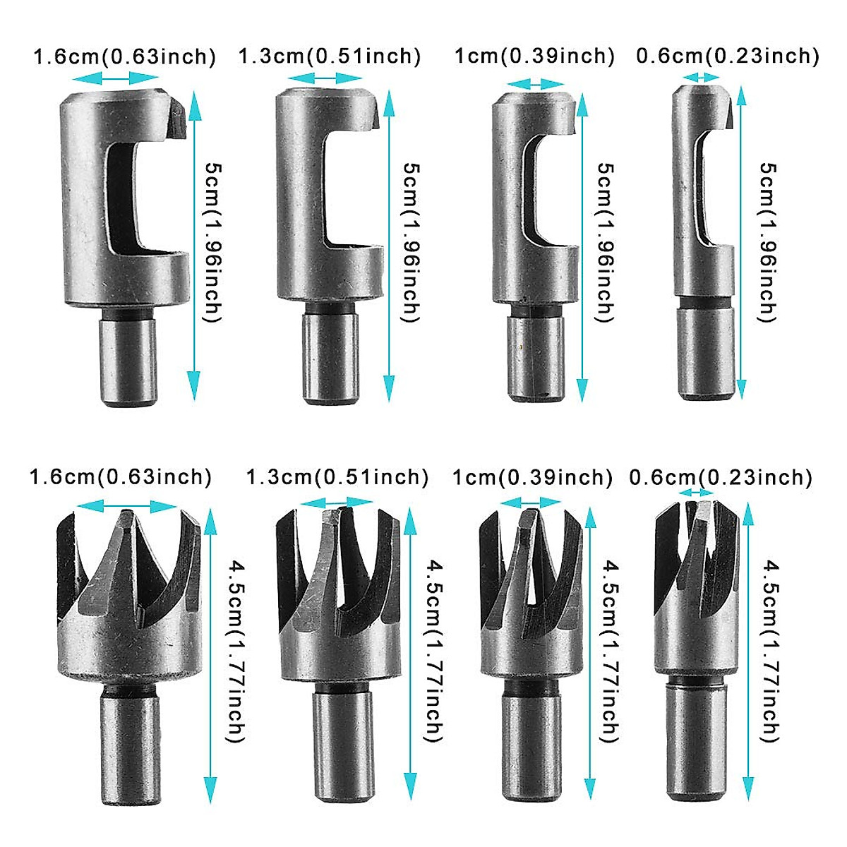SaferCCTV 4Pcs Countersink Drill Bit Set, 8pcs Wood Plug Cutter Drill Bit Set for Tapered 5/8" 1/2" 3/8" 1/4" Woodworking Cork Drill Bit Knife
