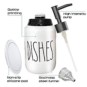 Soap Dispenser–Modern Farmhouse Style Ceramic Dishes Liquid Soap Dispenser–Perfect for Kitchen Counter Décor or Kitchen Sink-Bathroom Soap Dispenser–White Bottles with Black Pump and Lettering(14oz)