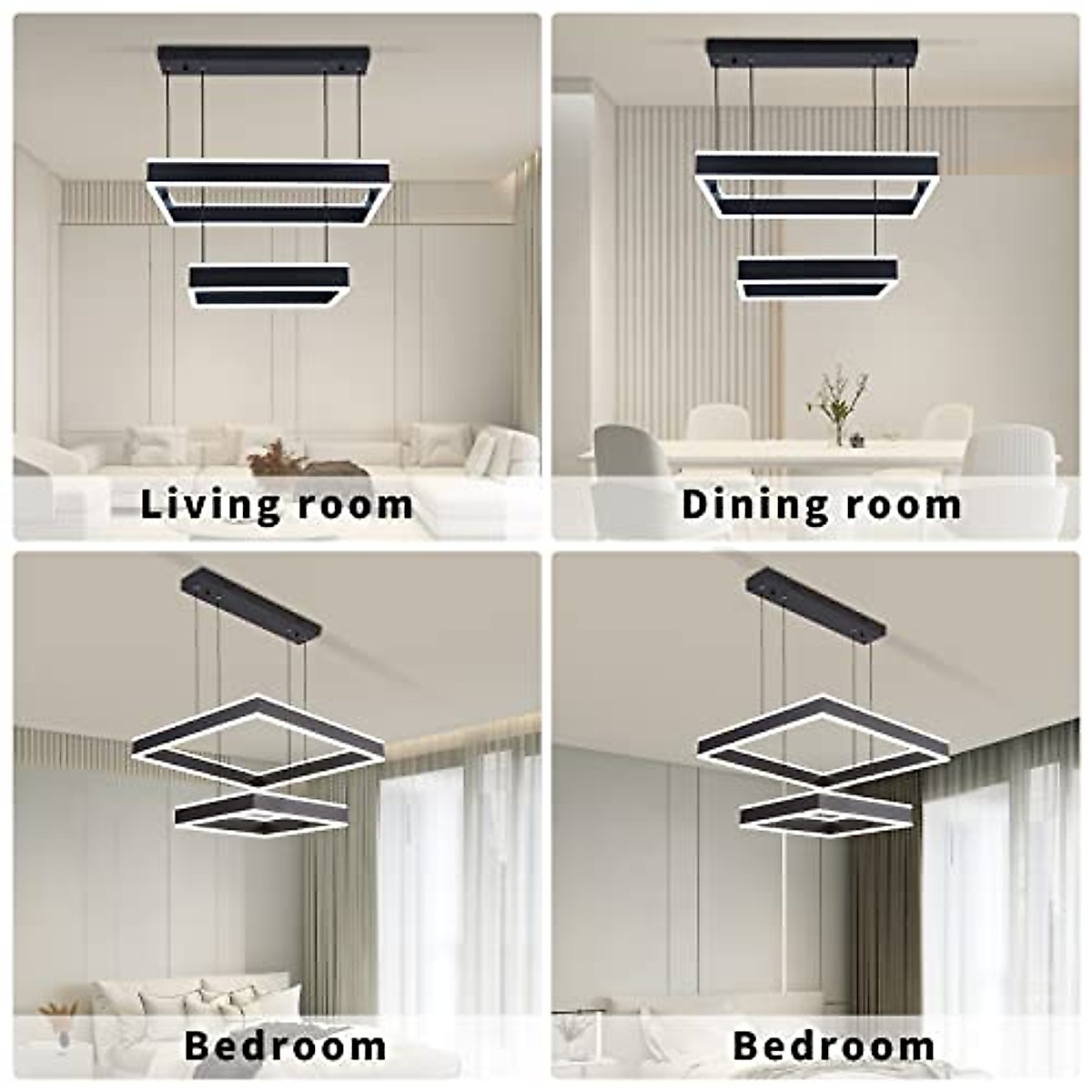Behsig Modern Chandelier,Modern Led Chandelier,2 Rings Square Chandelier for Living Room,Adjustable Height,Chandelier Lighting Fixture High Ceiling Hanging Dining Room LED Pendant Light